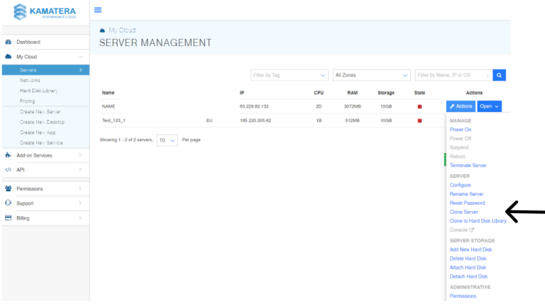 How do I clone a server? | Kamatera