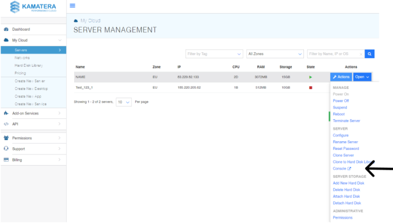 How do I connect to the server's console? | Kamatera